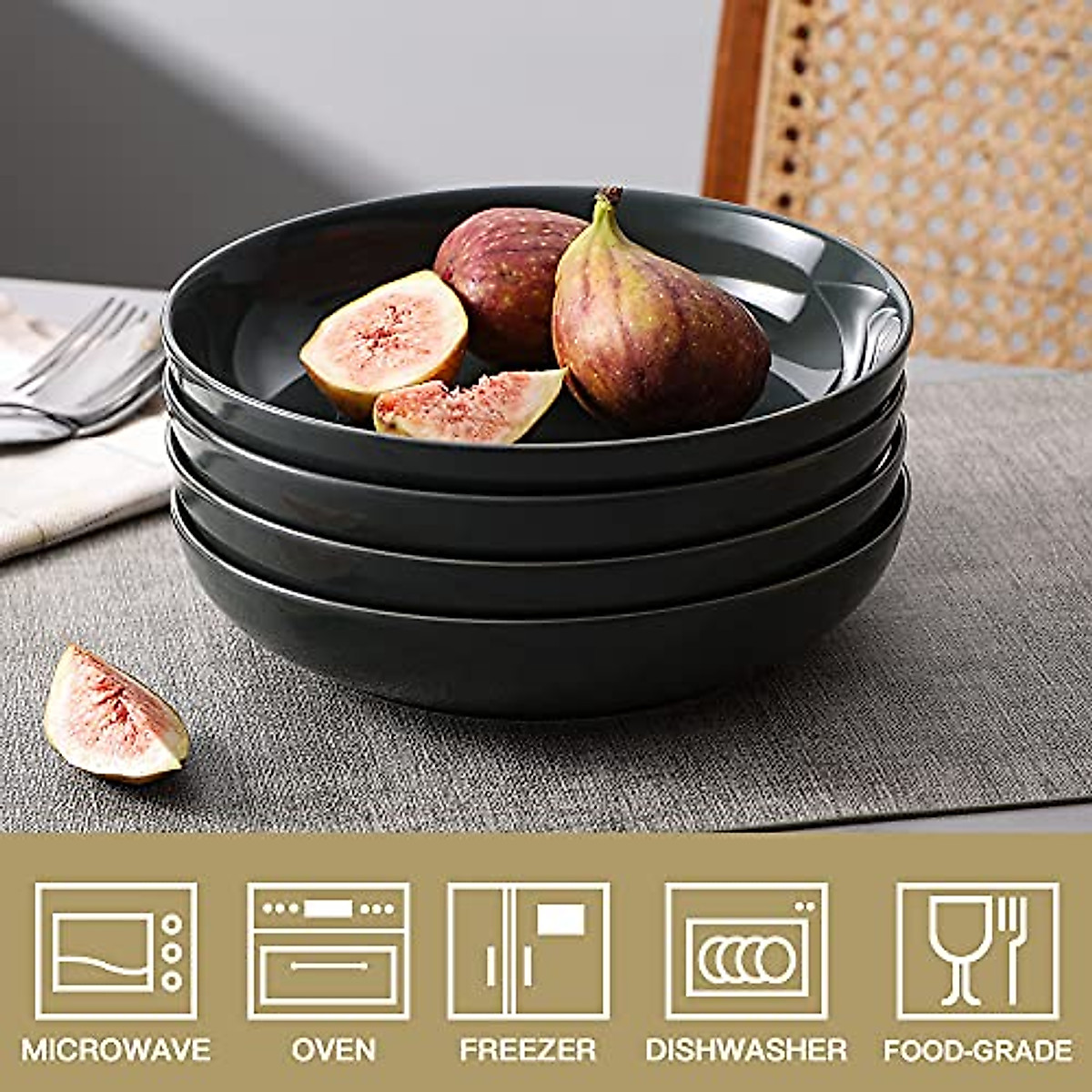 Sweejar Pasta Bowls, Ceramic Dinner Plates, 25oz Salad Serving Bowls for Soup, Dessert, Pizza, Fruit, Steak, Microwave Dishwasher Safe, Set of 4 （Green）