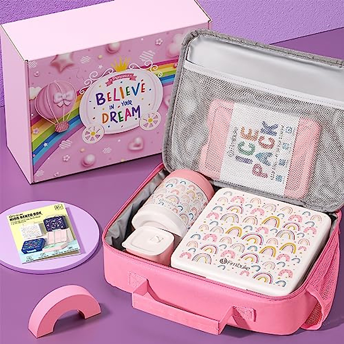 Fimibuke Kids Bento Snack Lunch Box with 4 Compartment, Insulated lunch Bag, Stainless Steel Vacuum Thermos Food Jar, Ice Pack, Utensils Set, Birthday Gift for Age 3-12 Back to School Toddler Girl Boy