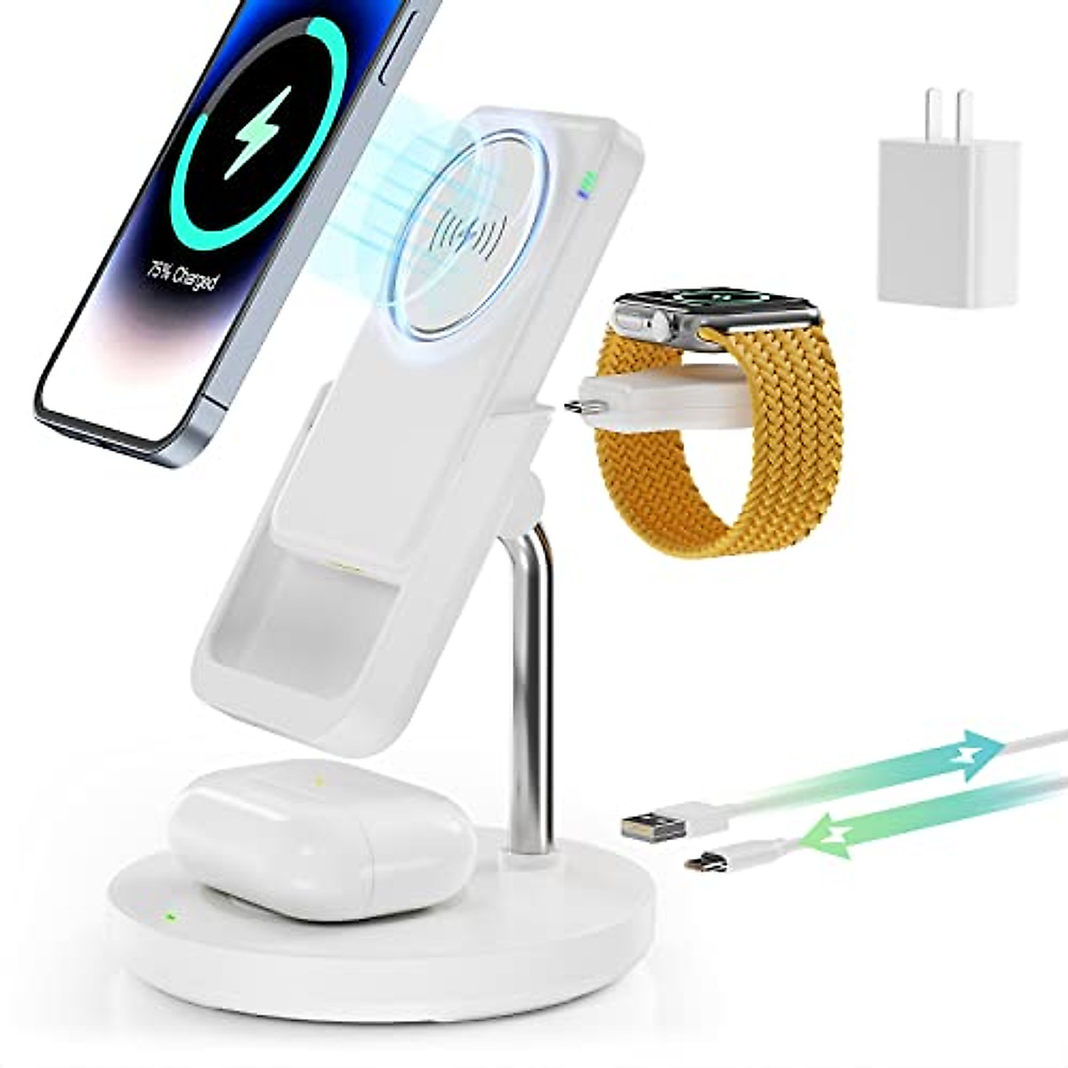 Mag Safe Wireless Charging Station - 4 in 1 Magnetic Charger Stand, Detachable Battery Pack for MagSafe Charging Station with PD 20W Adapter for Apple iPhone 14 13 12 Pro Max Mini Plus, iWatch, Airpod