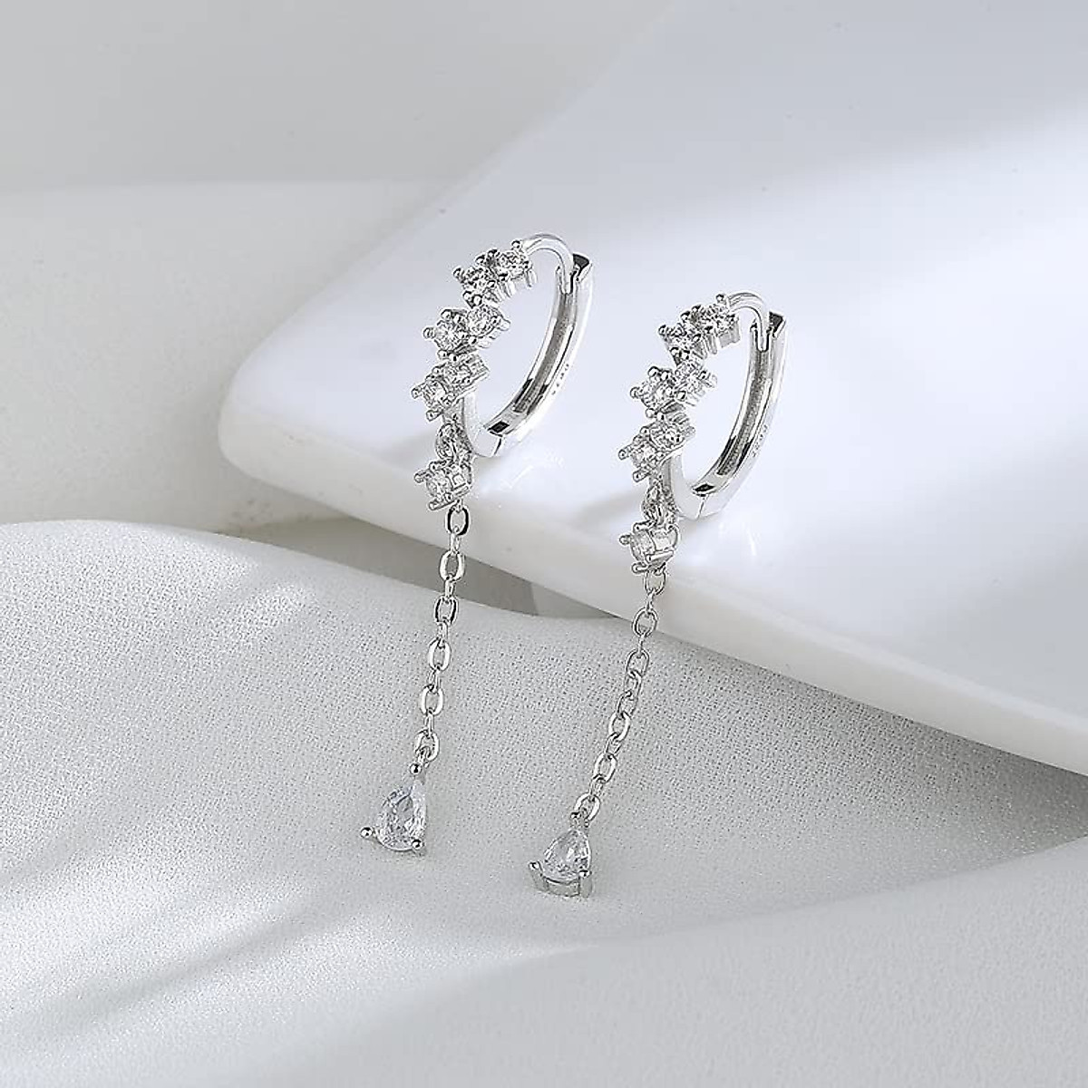 Huggie earrings Dangle Long Size Elegant Precious earrings chain CZ Cubic Zirconia Hoop Drop & Dangle Earrings (