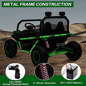 MOLACHI 24V 10AH Ride on Cars 2 Seater,Electric Cars Vehicles with 2x200W Powerful Motors,Metal Frame, Brake&Gas Pedal, EVA Tires, 3 Speed, Led Light, Bluetooth, 2 Spring Suspension(Green)