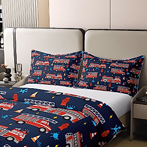 Erosebridal Firefighting Truck 100% Cotton Duvet Cover Twin, Fire Truck Bedding Set for Kids Teens Boys, Cartoon Emergency Rescue Vehicle Comforter Cover, Red Blue Fire Hydrant Roadblock Quilt Cover