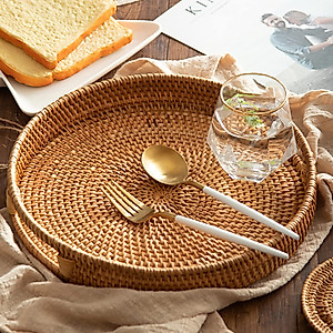 Rattan Tray, Round Rattan Serving Tray, Decorative Wicker Trays with Rattan Coasters and Wood Bead Garland, for Coffee Table Fruit, Bread Serving Basket (13.7 Inch)