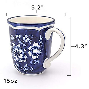 Euro Ceramica Blue Garden 16 Piece Oven Safe Hand Painted Stoneware Dinnerware Set, Service for 4, Bold Vase Design/Floral Pattern, White and blue