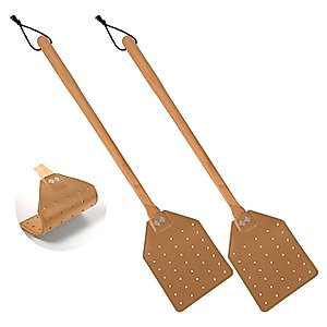PEUTIER 2pcs Leather Fly Swatter, 19.5 Inch Long Heavy Duty Flyswatter Manual with Wooden Handle Fly Catcher for Indoor Outdoor (Brown)