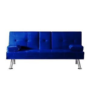 Modern Futon Sofa Bed, Convertible Folding Sleeper Couch for Compact Living Space, Velvet Upholstered Loveseat Couch Bed for Office Apartment, Dorm,2 Cupholders and Armrest, Metal Legs (Blue Velvet)