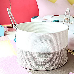 Casaphoria XXXLarge Cotton Rope Basket for Living Room - Woven Storage Basket with long Handle for Blankets, Towels and Pillows Laundry Hamper | Cream white and Brown (22" x 22" x 14")