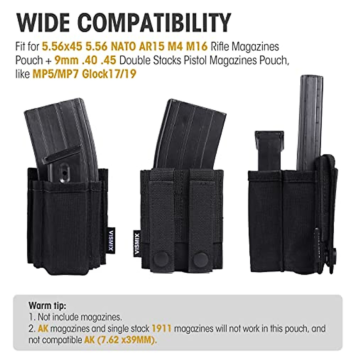 VISMIX 9mm Pistol 5.56mm AR15 Rifle Magazine Pouch Set, Tactical MOLLE Mag Pouch with Quick Release Kydex Insert Black