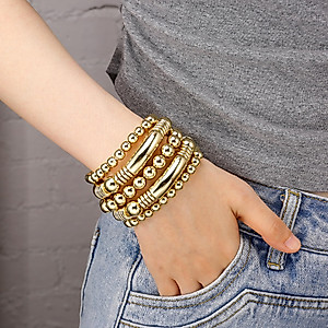 Gold Bangles Bracelet for Women Chunky Curved Stacking Plated Bead Ball Stretchable Bracelets