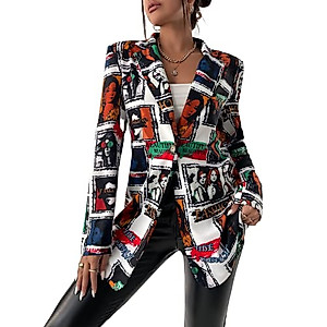 WDIRARA Women's Graphic Print Button Front Long Sleeve Causal Work Blazer Jacket Coat Multicolor White M