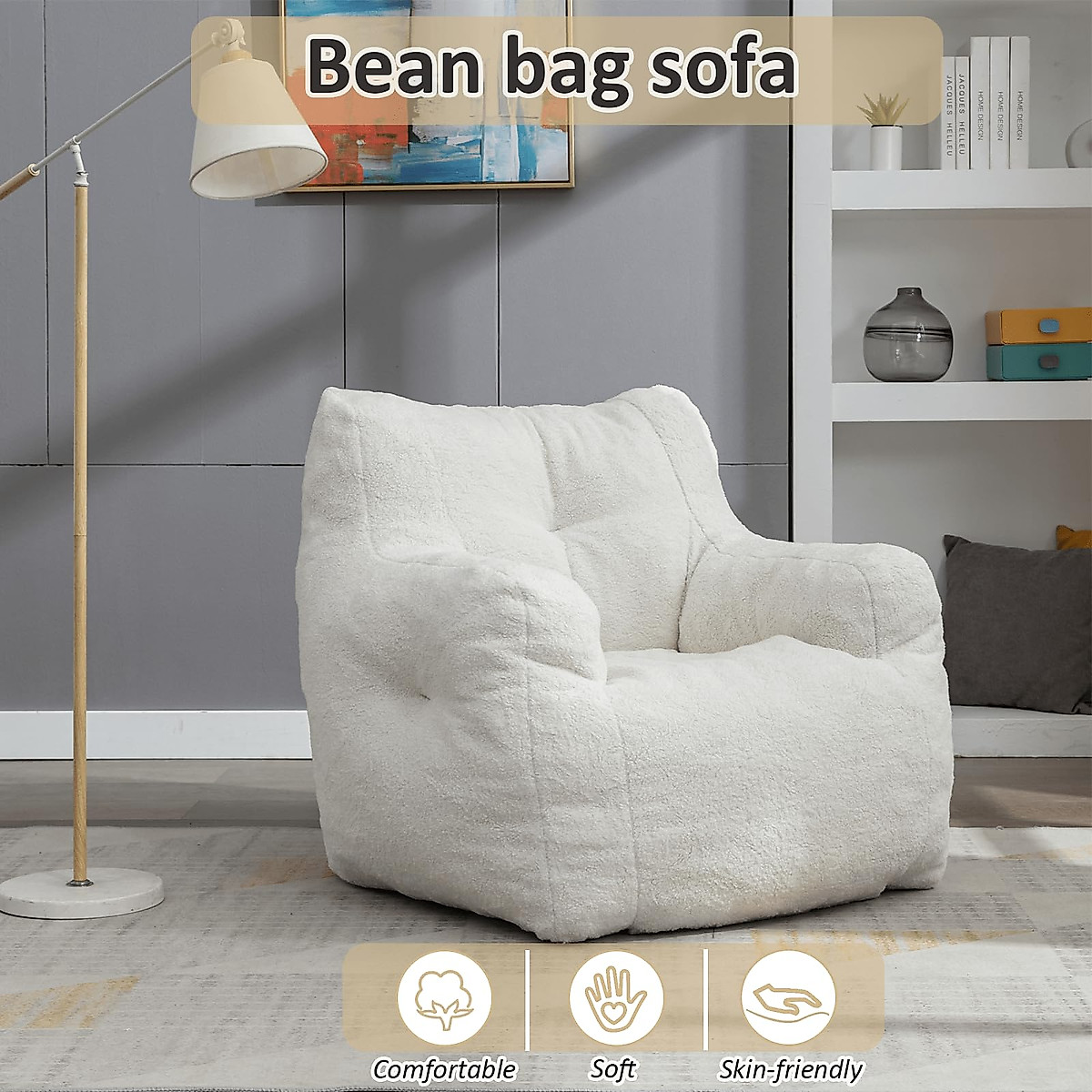 Hison Bean Bag Chairs for Adults and Kid Teddy Fabric Fluffy and Lazy Sofa Filled with Memory Sponge BeanBag Sofa with Armrests for Living Room,Bedroom(White)