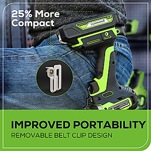 Greenworks 24V Brushless Cordless Impact Driver Kit, 1950 in./lbs Torque, 1/4'' Hex Collet, Variable Speed, 2×2Ah Batteries with 2A Charger, LED Light, 8pcs Drill/Driver Bits with Tool Bag