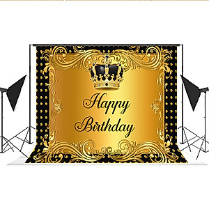 Lofaris Royal Little Prince Party Backdrop Black and Gold Crown Curtain Happy Birthday Background Little Boy First Birthday Party Decoration Supplies Cake Table Banner7x5ft