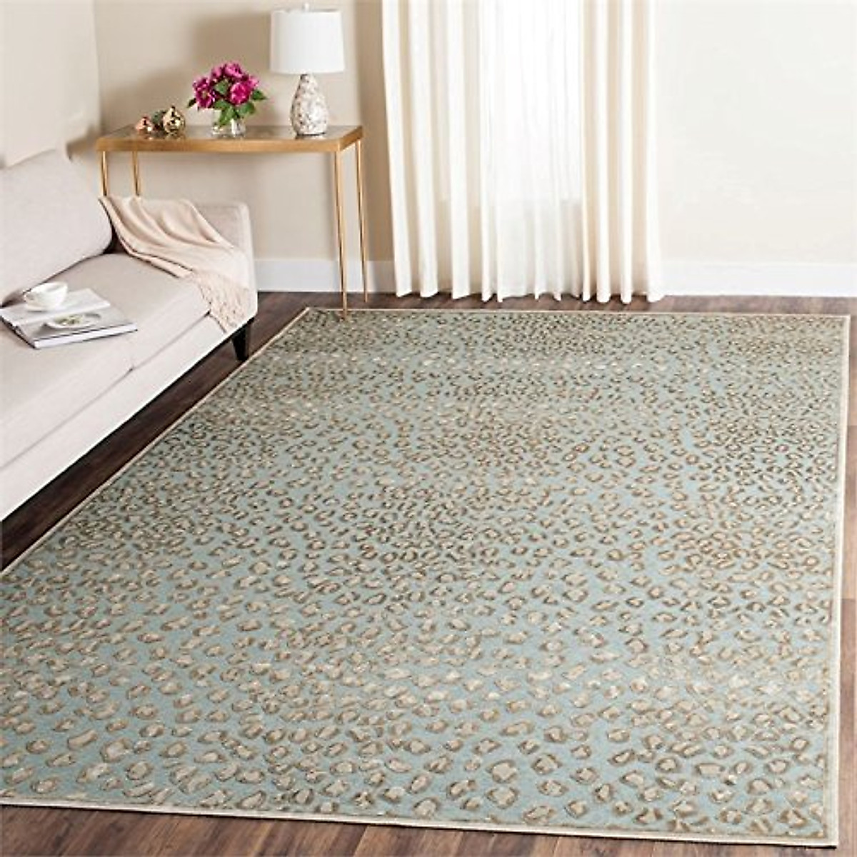 SAFAVIEH Paradise Collection Area Rug - 5'3" x 7'6", Stone & Aqua, Animal Print Viscose Design, Ideal for High Traffic Areas in Living Room, Bedroom (PAR84-3470)