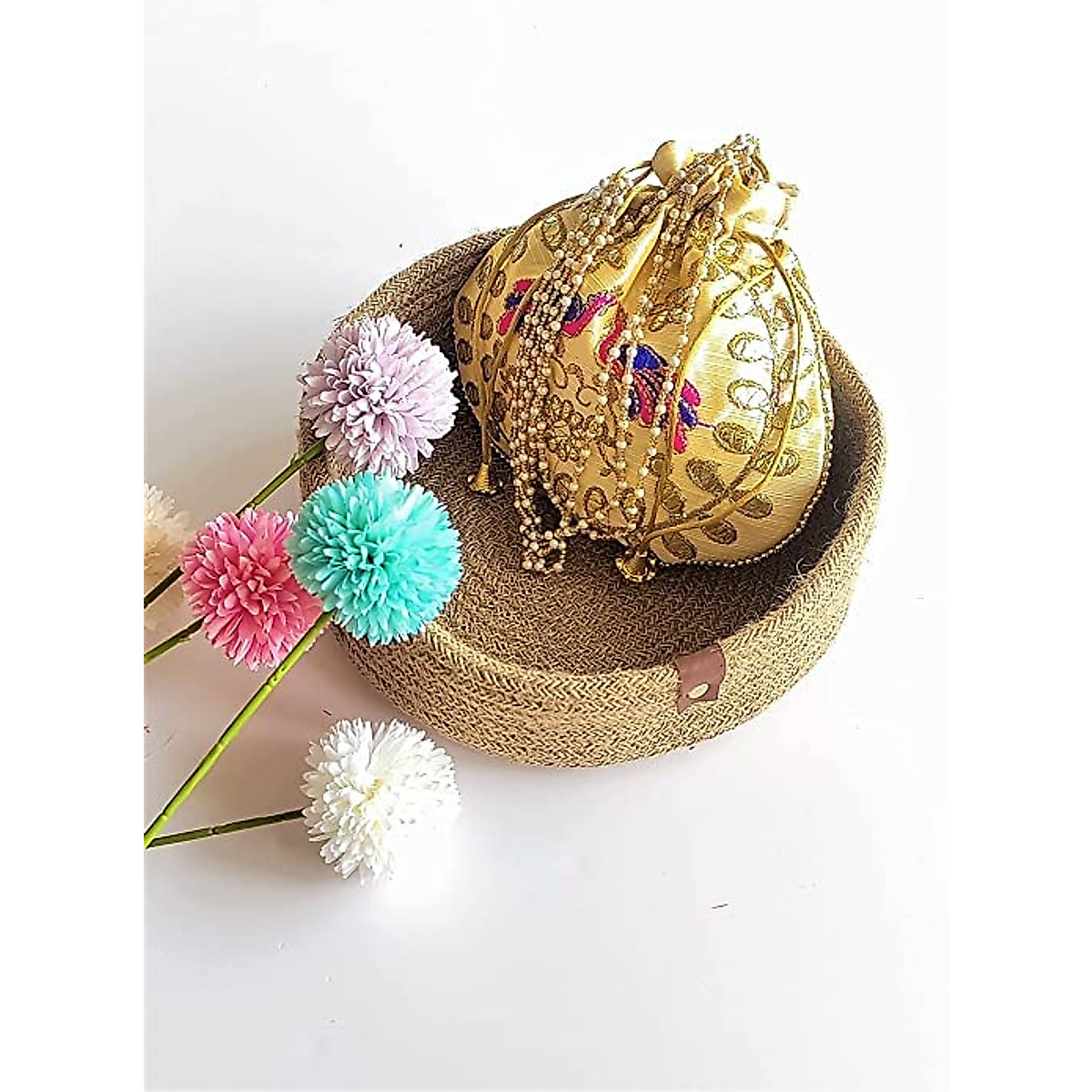 Indian Handmade Potli Bag For Women Jewelry Coin Pouch Batwa Casual Organizer Pearls Clutch With Handle Wedding & Evening Party Purse BY PANACHE MERCHANT (Beige)