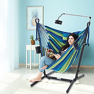 Hammock Chair with Stand Adjustable Swing Chair with Phone Stand Cup Holder Includes Double Hanging Chair Flow Bohemian Hand Indoor Outdoor Patio Garden Yard 420 lb Capacity (Blue-Green)