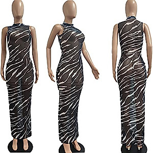Uni Clau Women's Sexy See Through Sleeveless Dress Sheer Mesh Zebra Printed Midi Bodycon Sleeveless Dress Cover Up Clubwear Party Dresses Zebra XL