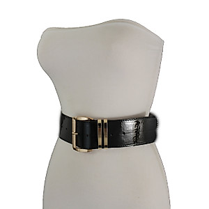 TFJ Women Fashion Wide Belt Faux Leather Metal Buckle Plus Size L XL (Black - patent faux leather)