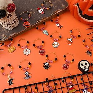 SANNIX 24Pcs Halloween Wine Charms, Halloween Wine Glass Charms for Stem Glasses, Wine Glass Markers Wine Charms for Halloween Wine Party Decorations