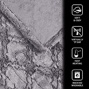 Beautyrest Brushed Long Fur Electric Throw Blanket Ogee Pattern Warm and Soft Heated Wrap with Auto Shutoff, 50 in x 60 in, Grey