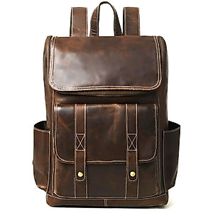 Gratlin Buffalo Leather Backpack for Men & Women 17 Inches | Vintage Genuine Leather Laptop Backpack | Full Grain Brown Leather Rucksack Knapsack with Padded Laptop Sleeve Best for Office Travel Use