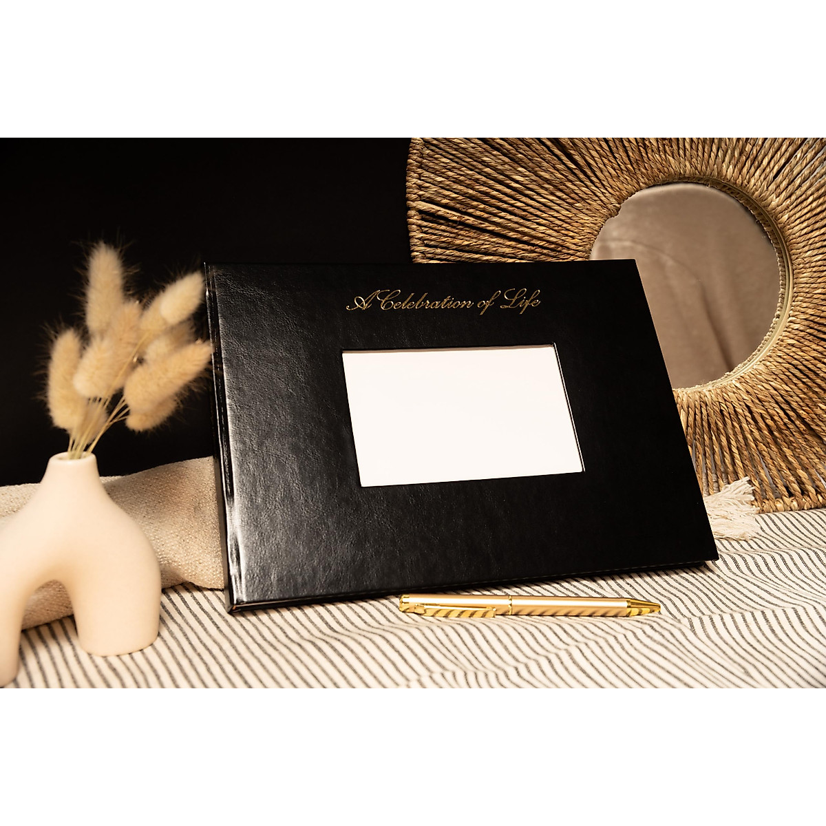 LIFETOO 12" x 8" A Celebration of Life Leather Hardcover Funeral Guest Book with Pen, 4 x 6 Photo Pocket - Memorial Guest Book for Sign in - 120 Pages, Space for Name, Address, Prayers & Memories