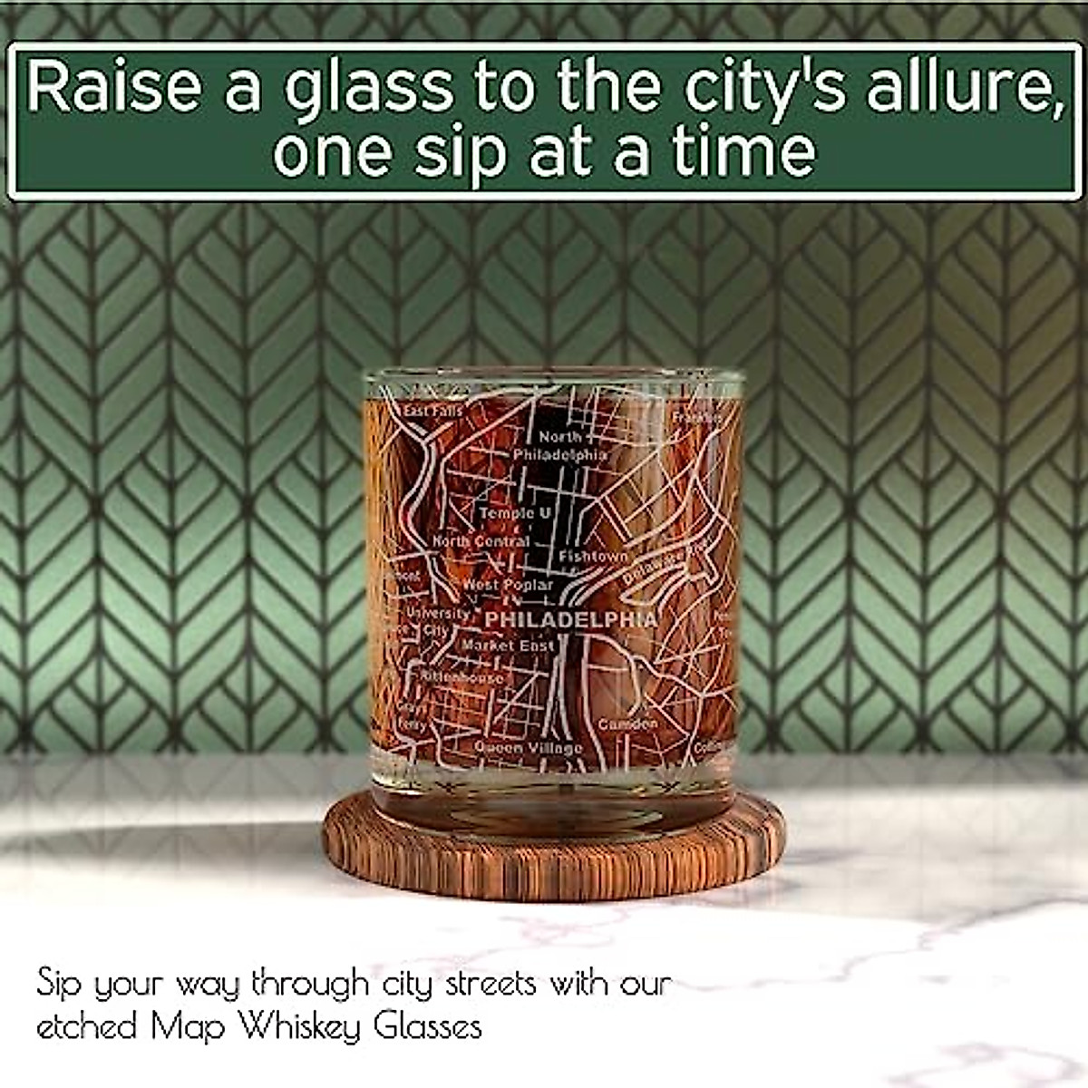 Greenline Goods Whiskey Glasses - 10 Oz Tumbler Gift Set for Philadelphia lovers, Etched with Philadelphia Map | Old Fashioned Rocks Glass - Set of 2