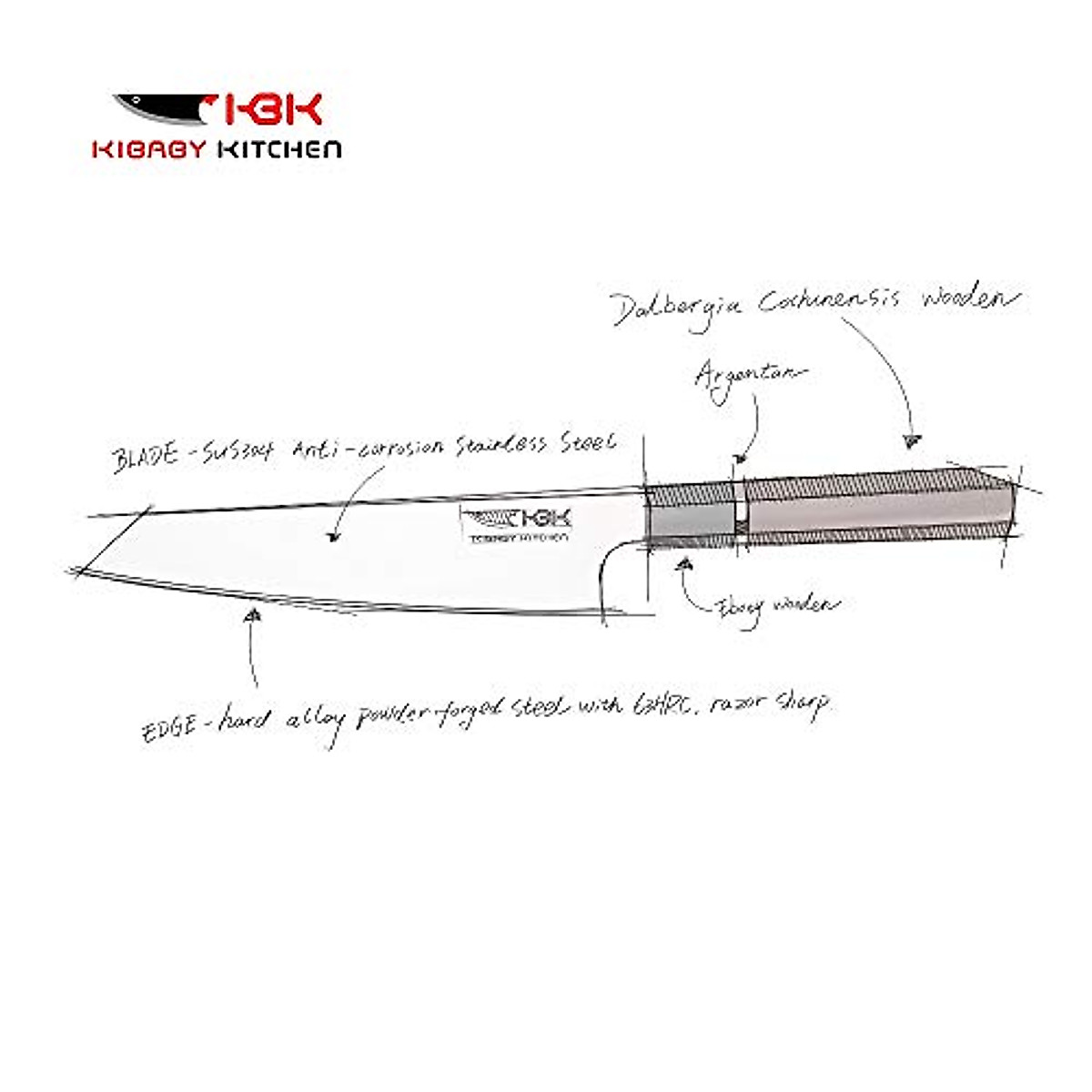 Kbk Japanese Gyutou Kitchen Chef Knife Forged SUS304 Stainless Steel Blade 8.5 Inch and Hard Alloy Edge 63 HRC Super Sharp with Ebony Wooden Handle Comfort Hold
