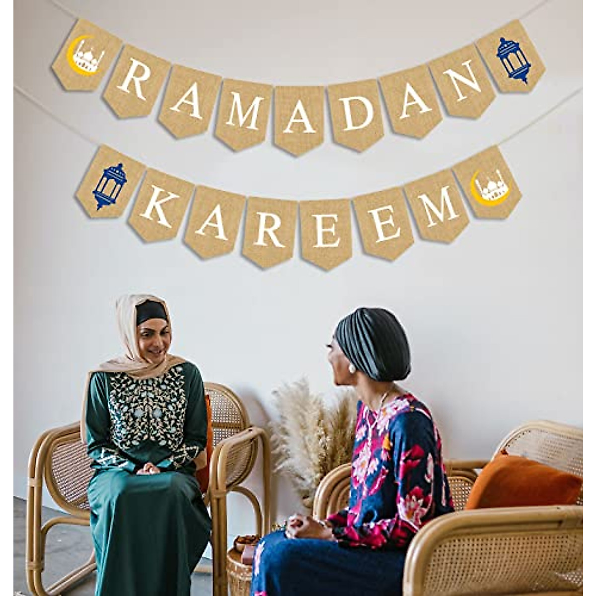 JKQ Ramadan Kareem Burlap Banner with Lantern Moon Castle Signs Muslim Ramadan Mubarak Bunting Banner Islamic Eid Mubarak Festival Celebration Party Hanging Decorations for Home Mantle Wall