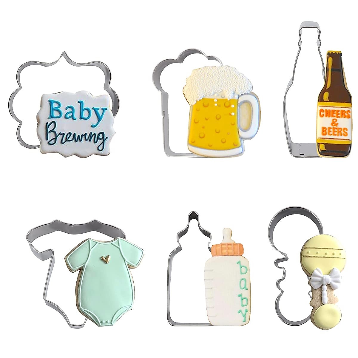 Beer Themed Cookie Cutters Stainless Steel, Baby Brewing Beer Set Beer Mug Bottle Onesie Rattle Baby Bottle Photo Plaques Dough Fondant Biscuit Molds for Baby Shower