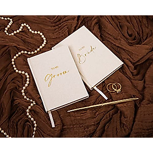 MUUJEE to My Groom and to My Bride Vow Books (Set of 2) - Ivory Canvas Linen Gold Foil Embossed Vows Book Journal for Wedding Ceremony Vow Renewal Valentines Day Gift for Husband Wife