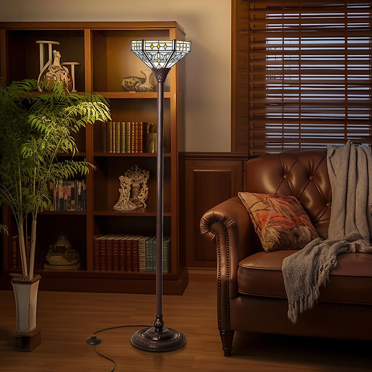 Capulina Tiffany Torchiere Floor Lamp 70 Inches Tall Industrial Dark Bronze Pole Mission Hexagon Virgin Style Stained Glass Torch Standing Light Decor for Living Room Bedroom Home Office