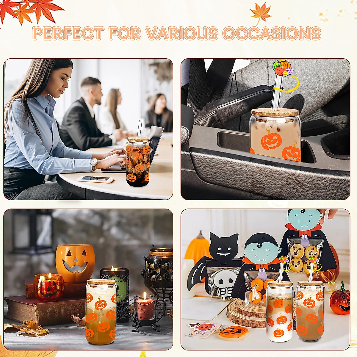 ANOTION Fall Glass Cups with Lids and Straws - Autumn Thanksgiving Halloween Gifts for Women - 2 Pack 18oz Fall Smile Pumpkins Mug, Pumpkin Glass Jar Drinking Glasses Iced Coffee Cup, Halloween Decor