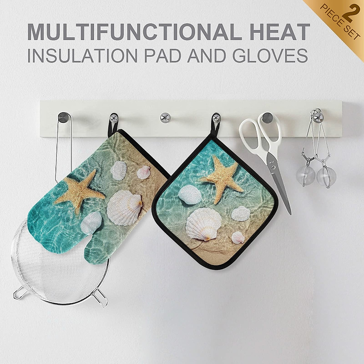 Starfish Seashell Summer Oven Mitts and Pot Holders Sets Beach Sea Water Hot Pads Heat Resistant Cooking Gloves Handling Kitchen Cookware Bakeware BBQ