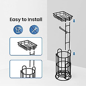 [Upgrade] Toilet Paper Holder Stand with Shelf Tissue Holders for Bathroom Free Standing Bath Tissue Roll Holder Magazine Rack for Mega Rolls/Phone/Wipe-Black