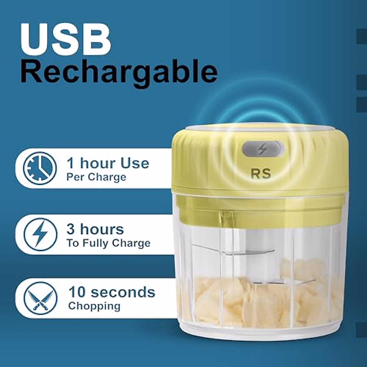 Real Simple Electric Mini Food Processor | Great for Garlic, Onion, Ginger, Jalapeño, Mini Chopper for Quick Food Prep Station | Portable USB Charging, 250 ML Food Container | Yellow