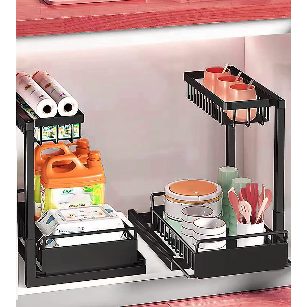 2 Pack Under Sink Organizer,Under Counter Shelves,Under Cabinet Storage Shelves,Spacekeeper Under Sink Organizer,Bathroom Under Sink Organizer Kitchen,Under Sink Organizers And Storage-Black