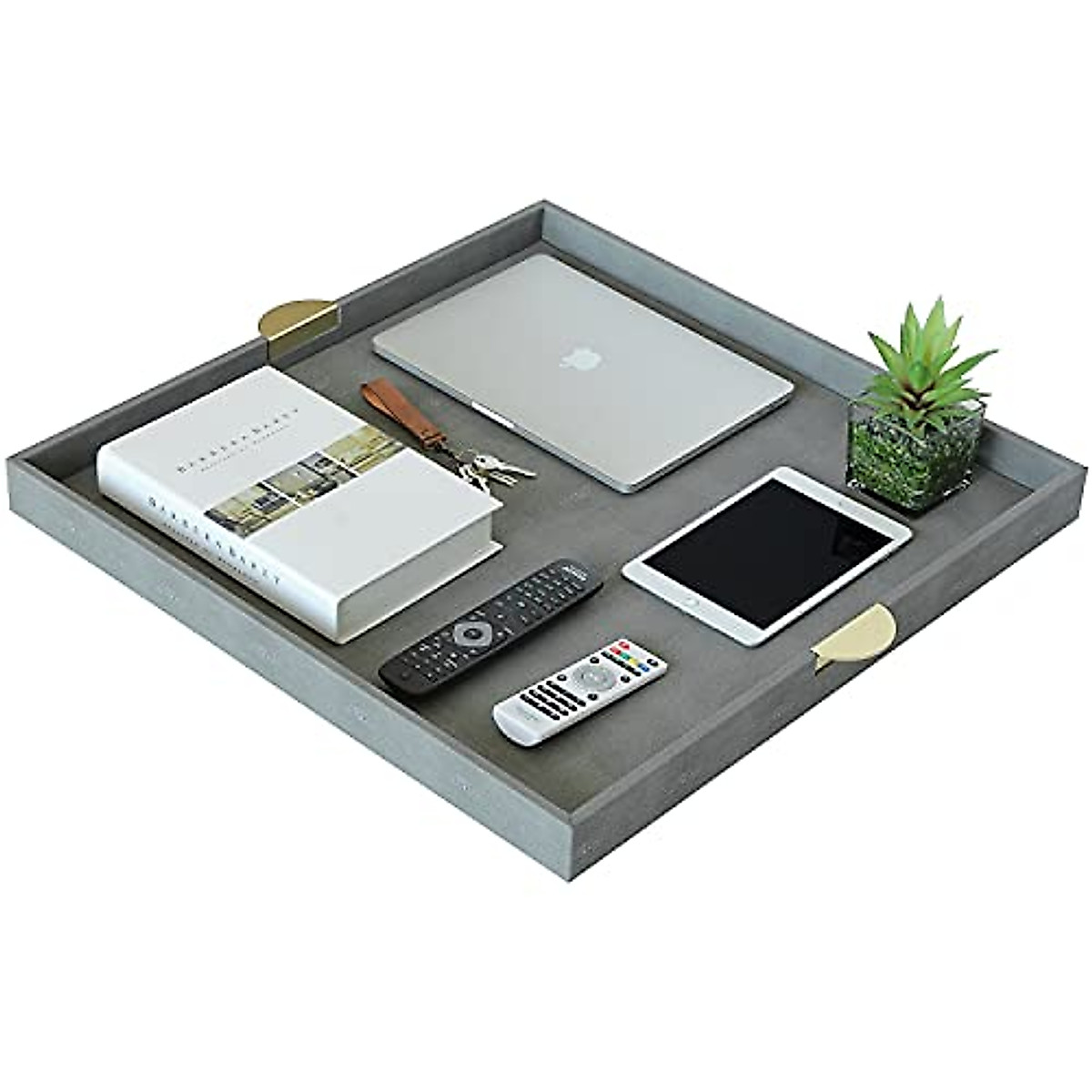 HofferRuffer Extra Large Square Serving Tray, Elegant Faux Leather Ottoman Tray with Gold Hardware Handles, Serve Tea, Coffee or Breakfast in Bed, 23.6 x 23.6 inches (Large Square)