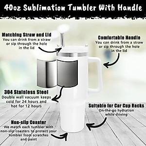 Amgkonp 2 Pack 40oz Stainless Steel Insulated Travel Cup with Handle and Straw, Sublimation Tumbler Blanks for DIY Gift