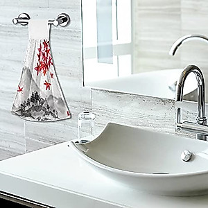 2 Pack Fall Red Maple Leaves Hanging Kitchen Towel with Loop Ink Japanese Mountains Hand Towels Soft Microfiber Coral Velvet Dish Towel for Bathroom Washcloth Absorbent Tie Towel …