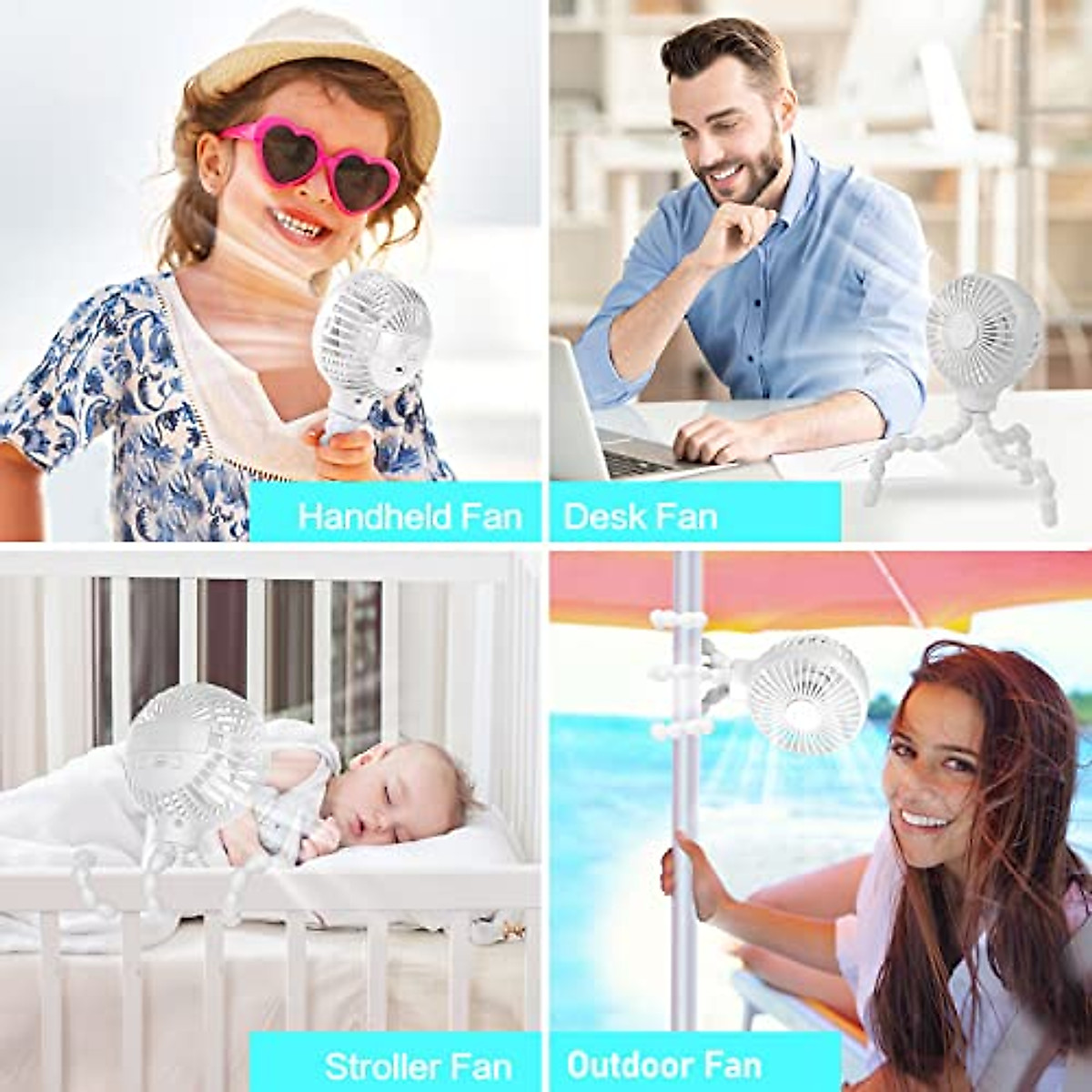 scurry Upgraded Stroller Fan Mini Battery Operated Fan Small USB Rechargable Desk Fan Baby Portable Fan Flexible Tripod Clip On Fan with 3 Speeds Baby Fan for CarSeat Crib Treadmill (White)