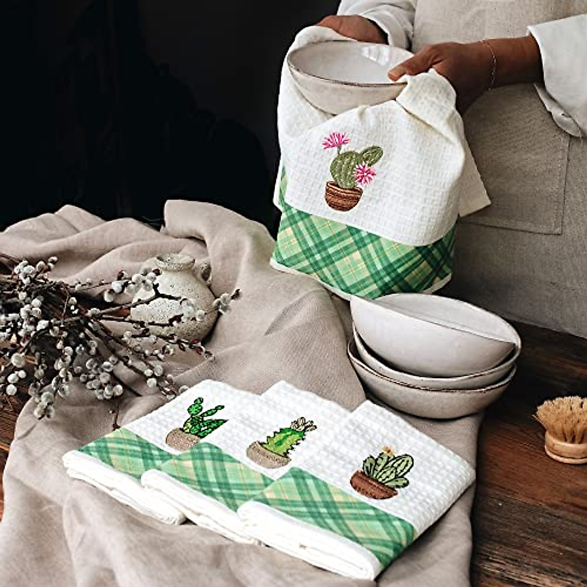 Lavien Home, Kitchen Dish Towels with Cactus Embroidered, Decorative Succulent Flowers Cute Tea Towels Turkish Cotton Waffle Weave 16 x 24 inches (Set of 4)