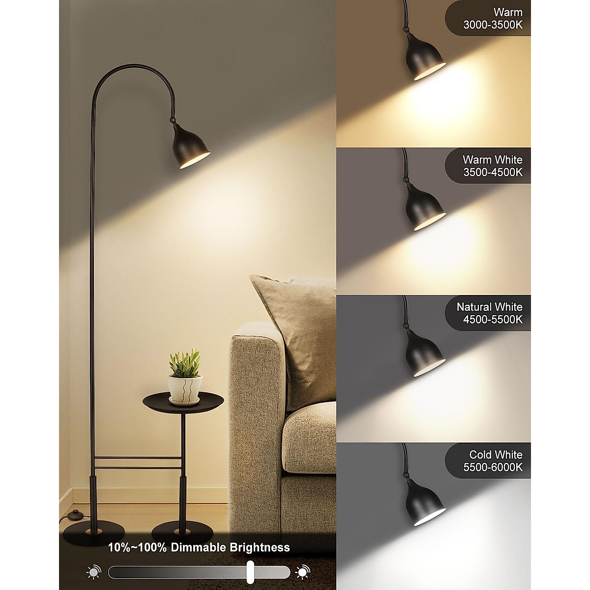 Modern Floor Lamp with Shelves -Bright Dimmable LED Floor Lamp for Living Room, Stepless Adjustable 3000K-6000K Colors & Brightness Standing Lamp with Remote, Black Reading Standing Lamp with Table