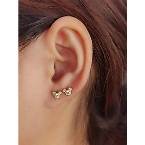 Tiny Cute Mouse Stud Sterling Silver Earrings for Women Girls Gold Plated Cubic Zirconia Mini Small 20g Barbell Ball Studs Cartilage Tragus 4 mm Bead Screw Back Piercing Body Jewelry (Gold)