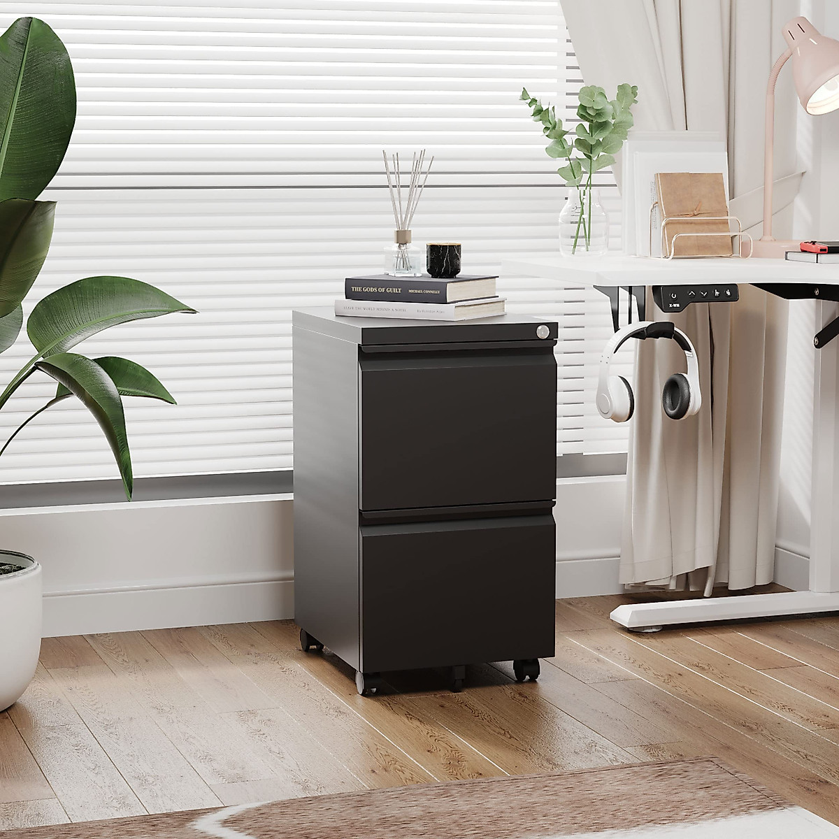 LISSIMO 2 Drawer Metal File Cabinet, Rolling File Cabinet with Lock for Hanging Legal/Letter Size,Under Desk Filing Cabinet for Home Office Assembly Required Black