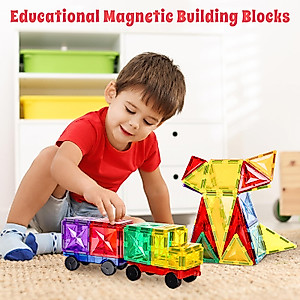 Meuzhen 120Pcs Magnetic Tiles with 2 Cars Toy Set, Diamond Magnet Tiles 3D Building Blocks, Toddler Montessori Toys for 3 4 5 6 Years, STEM Preschool Kids Sensory Educational Toys Gift for Boys Girls