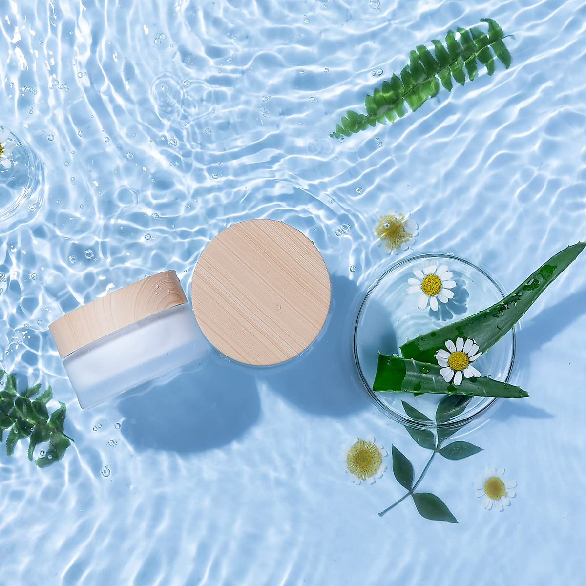 4 Pack 1oz Frosted Glass Cosmetic Cream Jar Bottle Refillable Glass Face Cream Pot Cosmetics Container With Plastic Wood grain lids and Inner Liners For Face Cream Eye Cream Lip Balm Ointments Salves