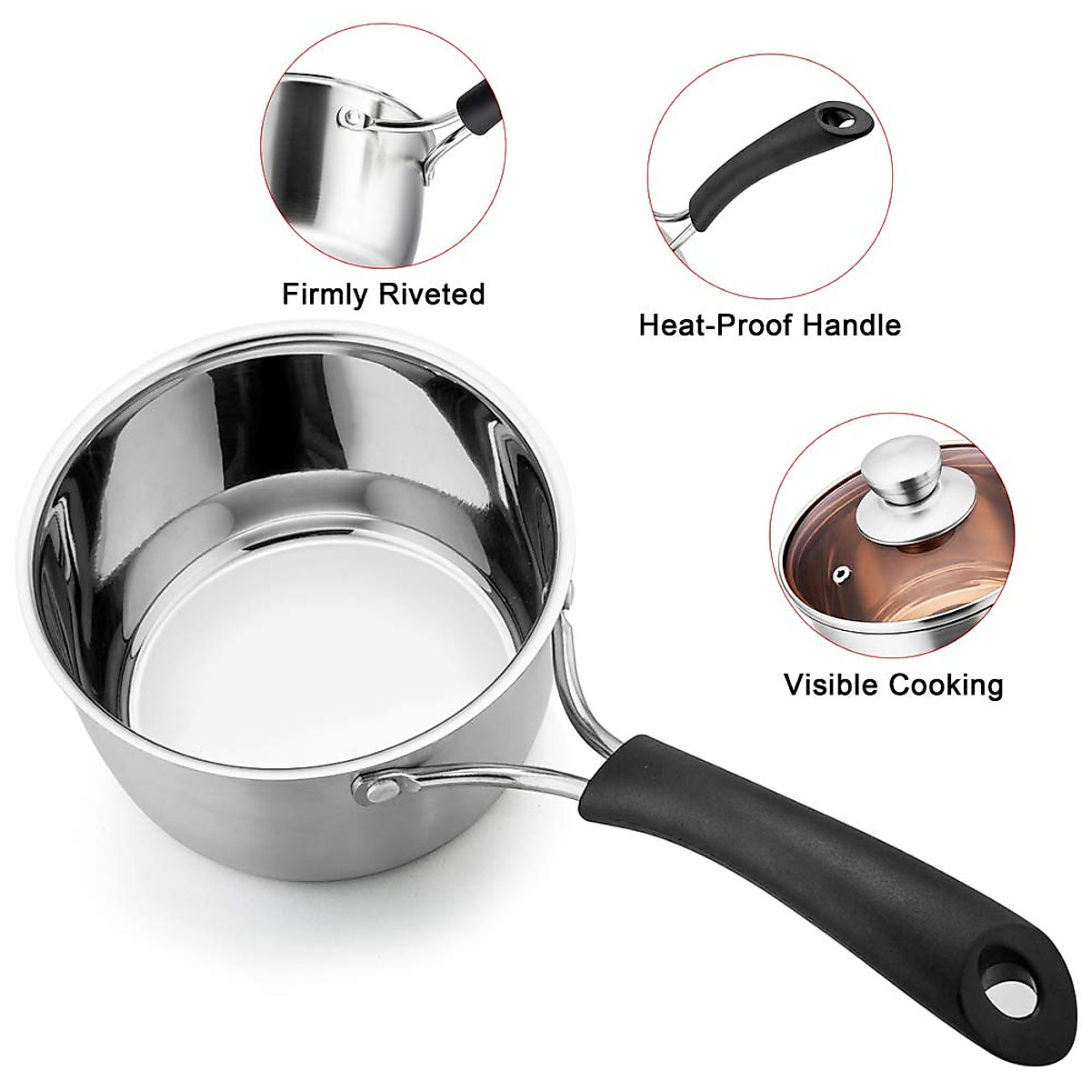 TeamFar Saucepan with Lid, 2 qt Sauce Cooking Pot Milk Pan Stainless Steel, Professional with Long Heatproof Handle for Home Kitchen Restaurant, Healthy & Non Toxic, Multi-use & Dishwasher Safe