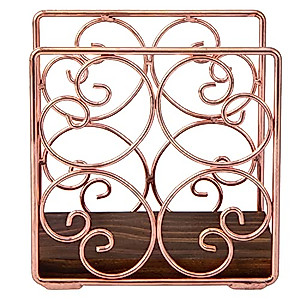 MyGift Copper Tone Metal Wire Napkin Holder with Rustic Burnt Wood Base - Upright Serviette Dispenser Rack with Vintage Style Scrollwork Design