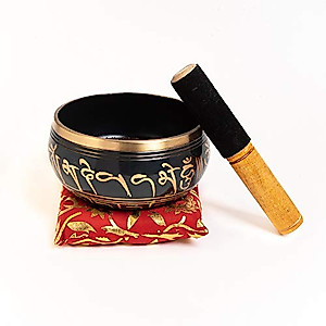 Satnam Tibetan Singing Bowl Set with Mantra Engravings | Meditation Sound Bowl | Handcrafted in India Great for Meditation, Stress & Anxiety Relief & Chakra (4 Inch, Black)